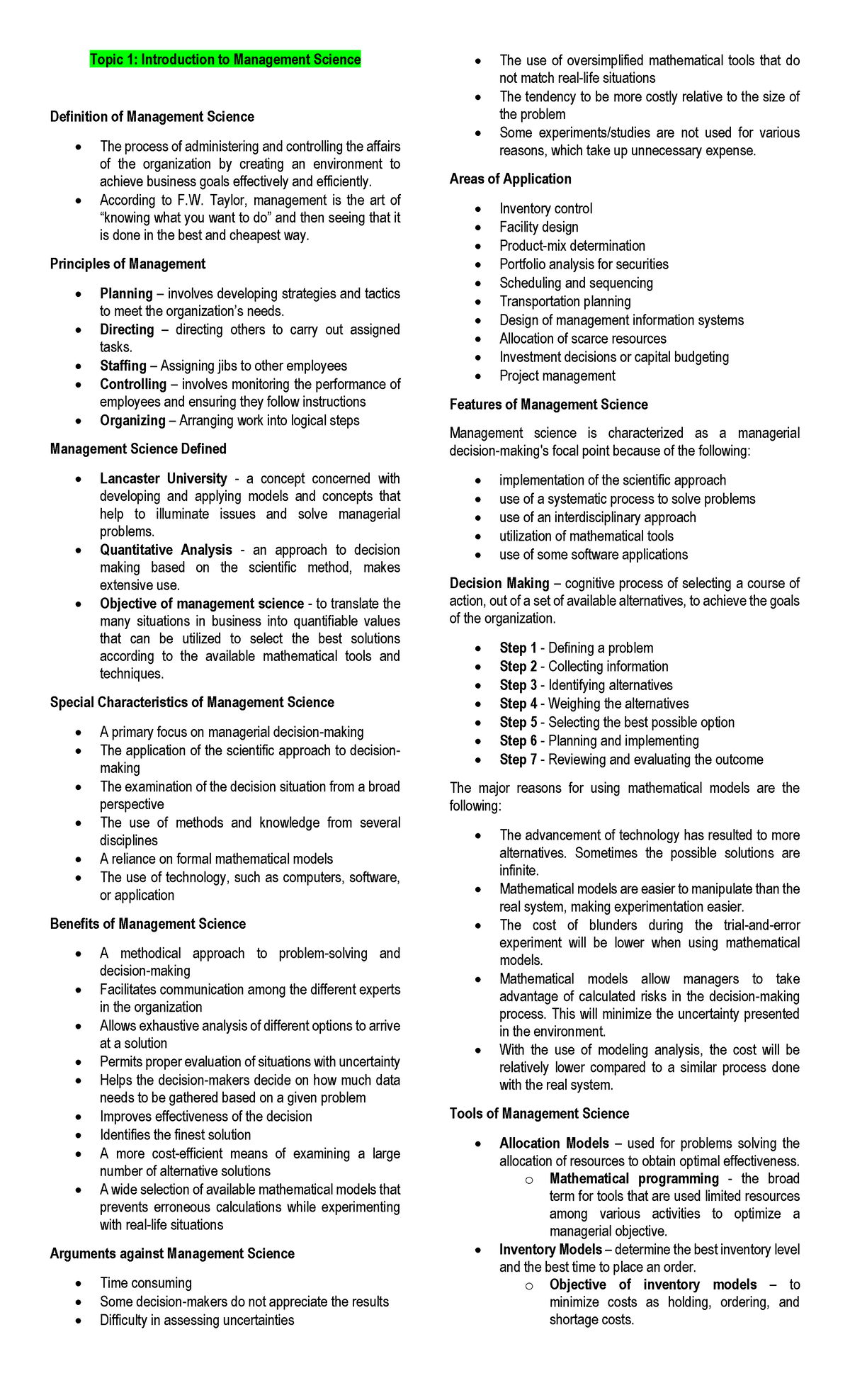MGT 208 - Final Exam Review: Management Science & Linear Programming ...