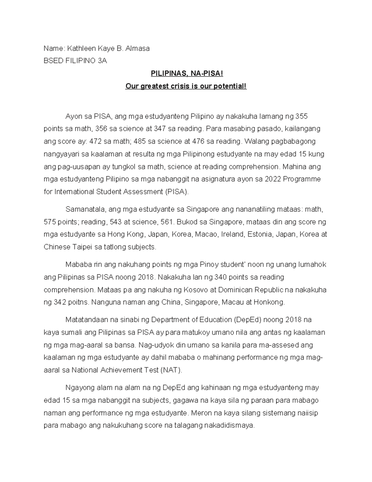 BSED FILIPINO 3A: Pagsusuri sa Resulta ng PISA 2022 at mga Hamon - Studocu