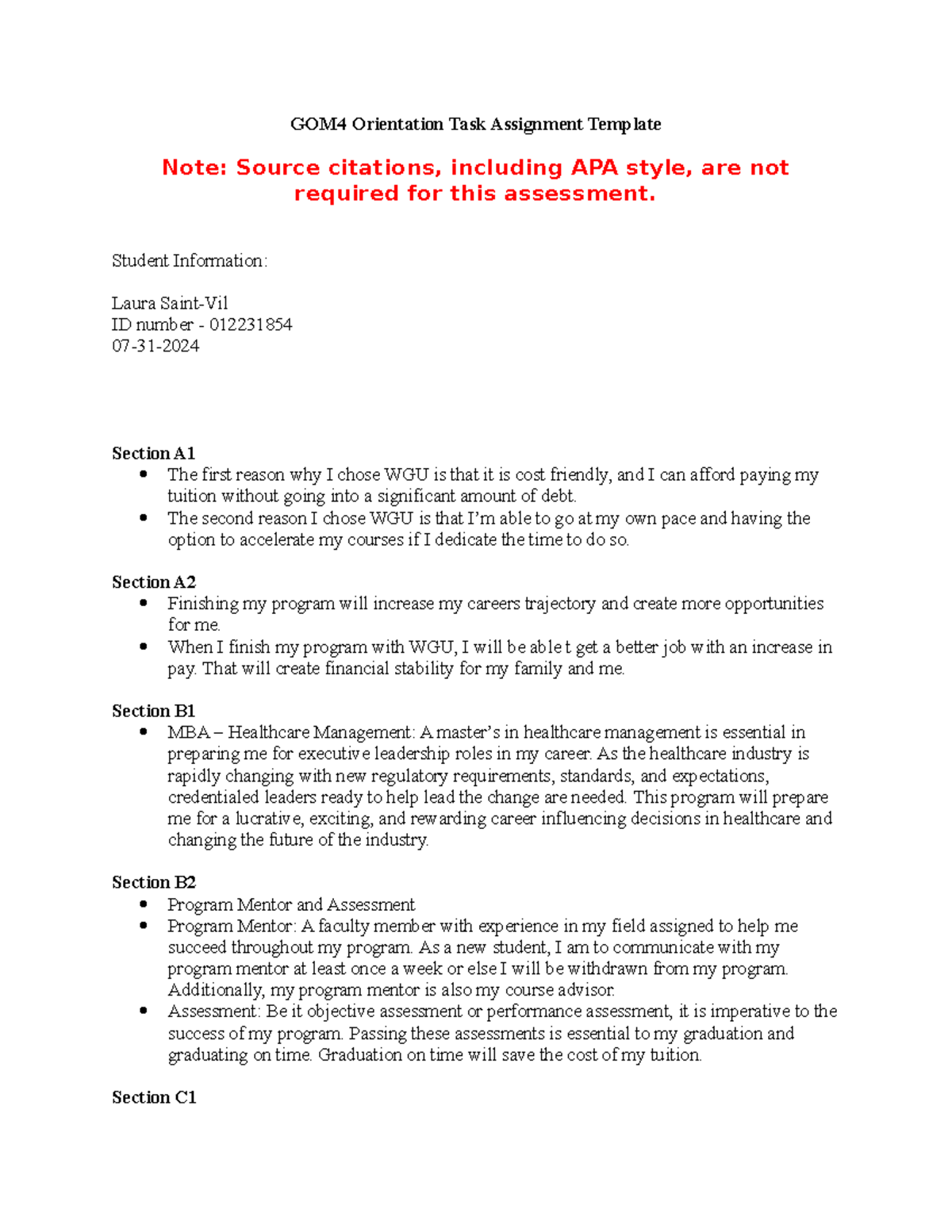 GOM4 Orientation Task Assignment Overview - Student Laura Saint-Vil - Studocu