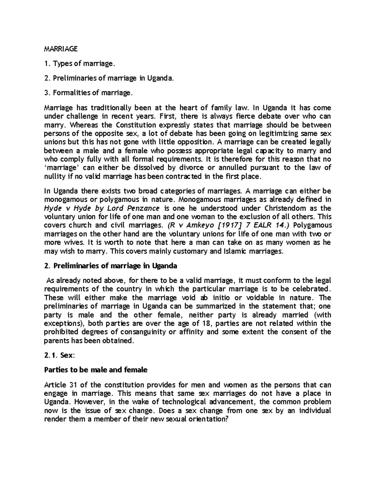 Family LAW Notes - Lecture 3: Marriage Types & Formalities in Uganda ...