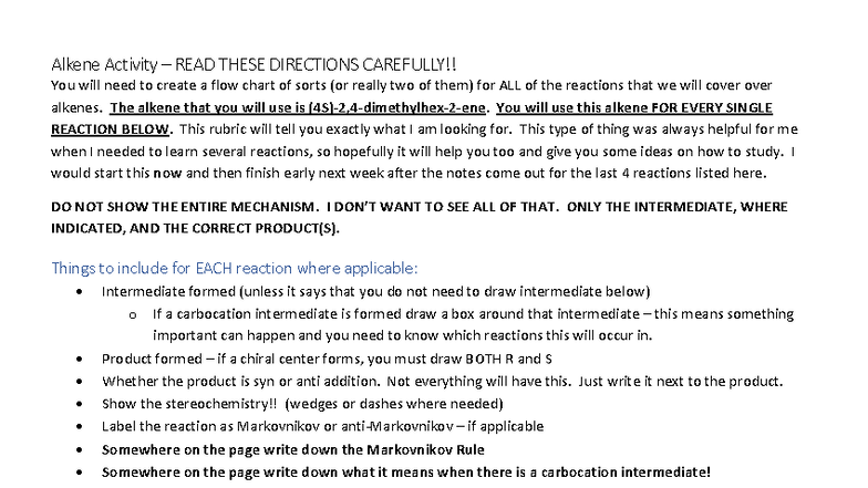 Alkene Activity - Reaction Flow Charts for Study - Studocu