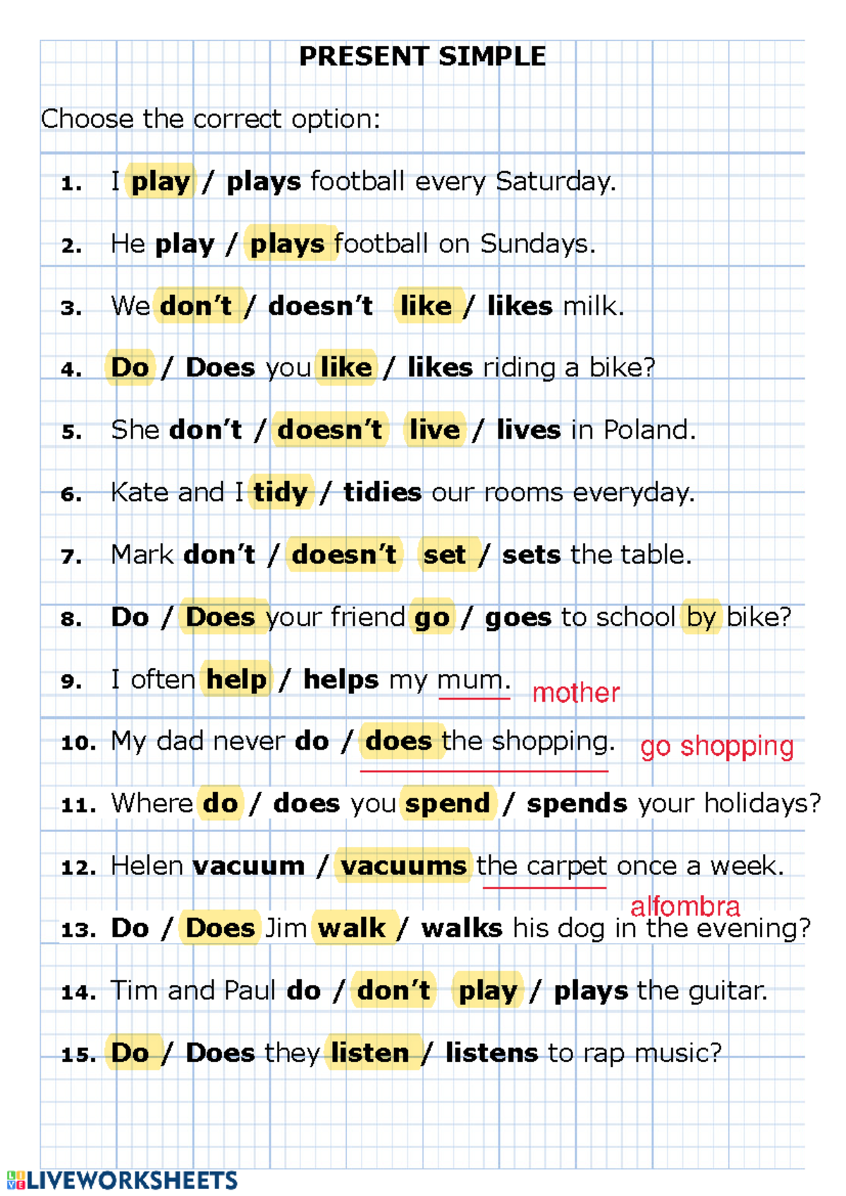 Present simple choose option exercise - PRESENT SIMPLE Choose the ...