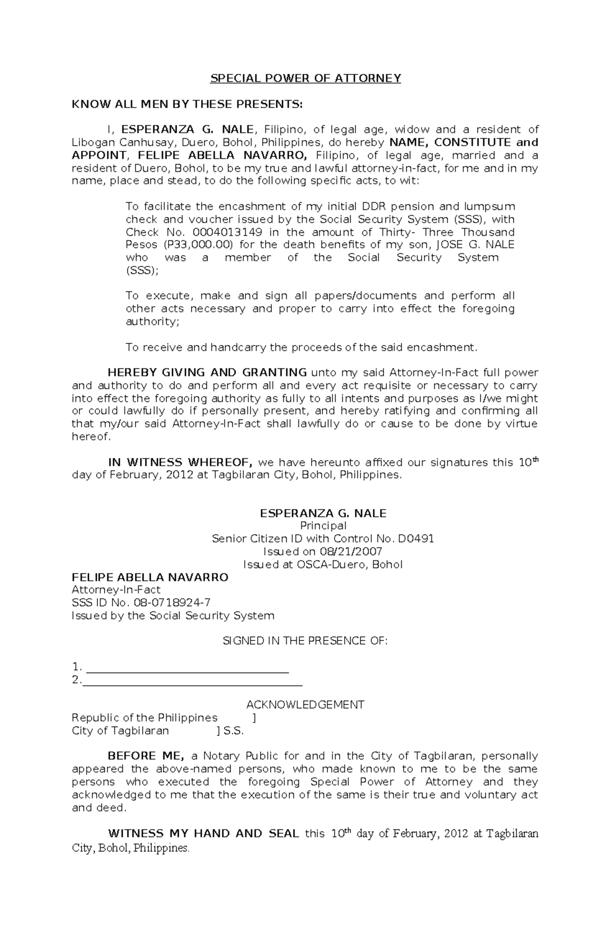 SPA for Encashment of Check - Nale - Studocu