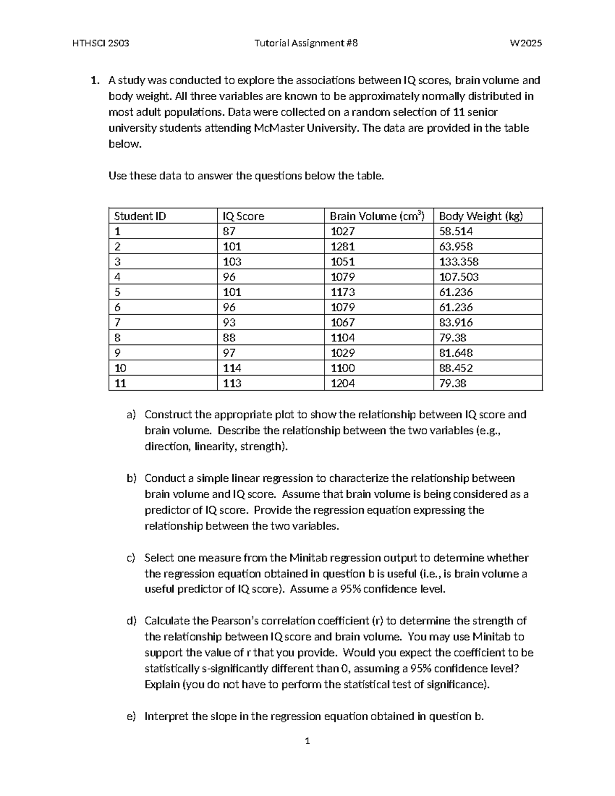 HTHSCI 2S03 Tutorial Assignment W2025: Data Analysis on IQ, Glucose, and SBP - Studocu