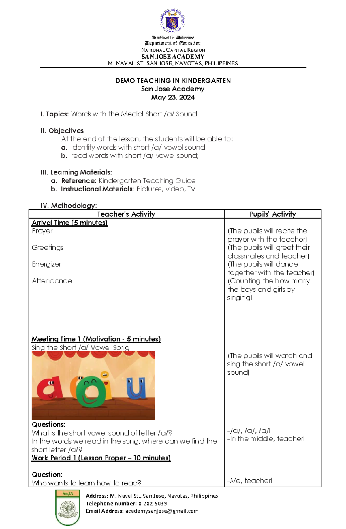 DLP-Kinder Lesson Plan: Short /a/ Vowel Sound Teaching - Studocu