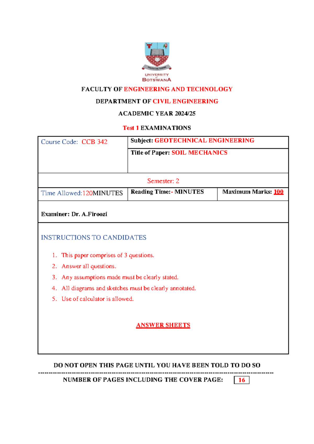 Test 1 - CCB 342 - Geotechnical Engineering: Soil Mechanics Exam 2025 ...
