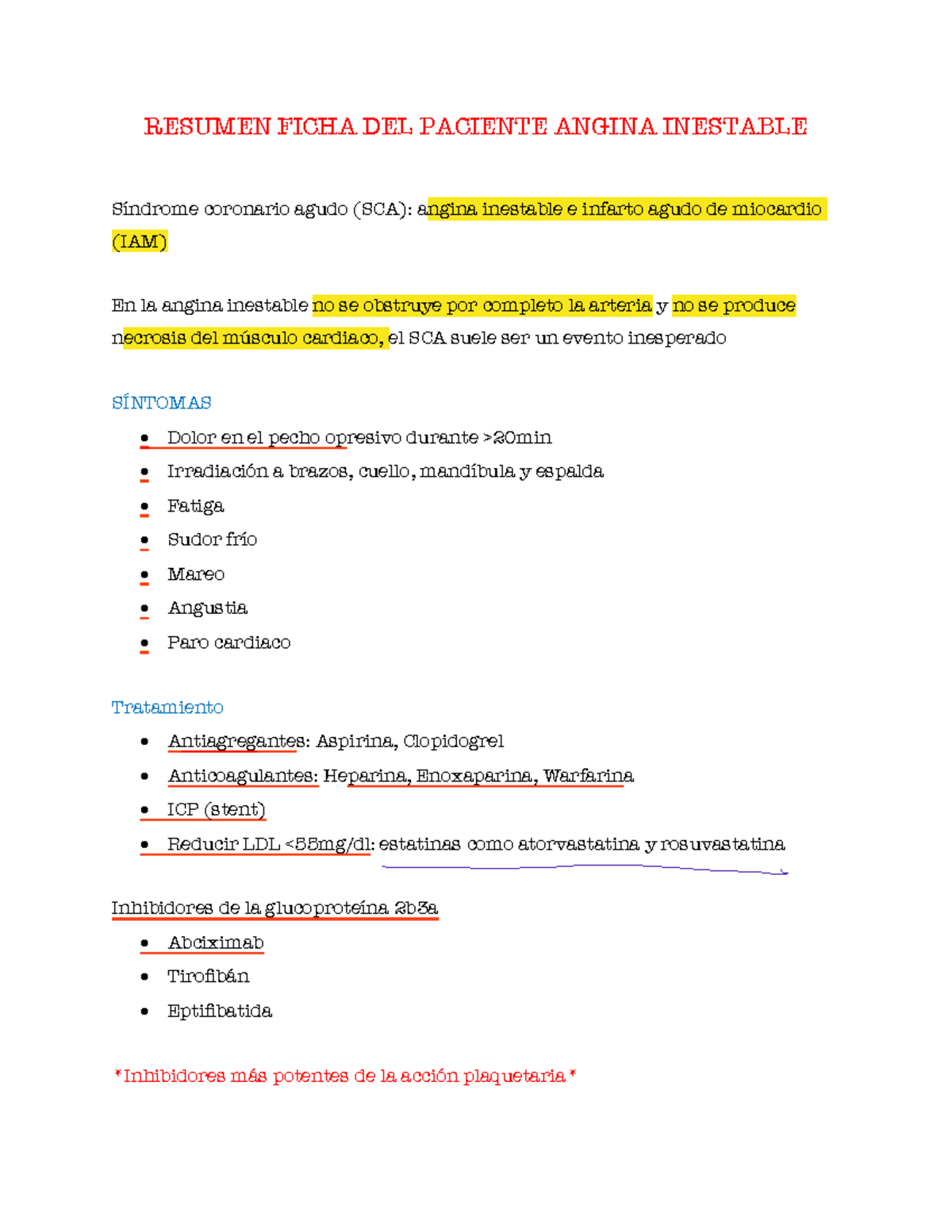 Resumen Ficha DEL Paciente Angina Inestable - RESUMEN FICHA DEL ...