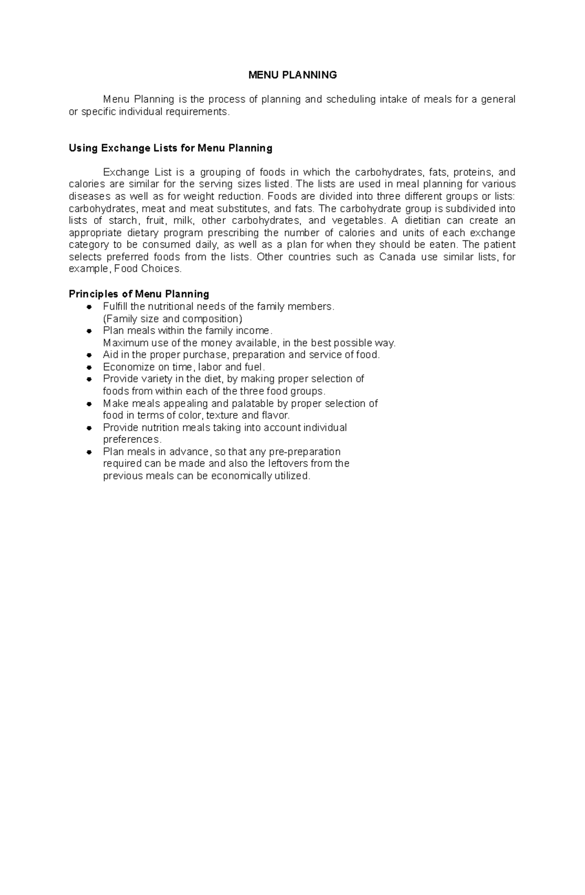 Menu Planning Strategies for Nutritional Needs and Exchange Lists - Studocu