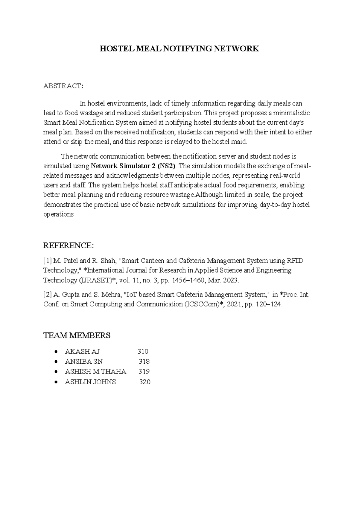 HOSTEL MEAL NOTIFICATION SYSTEM ABSTRACT - PROJECT REPORT - Studocu
