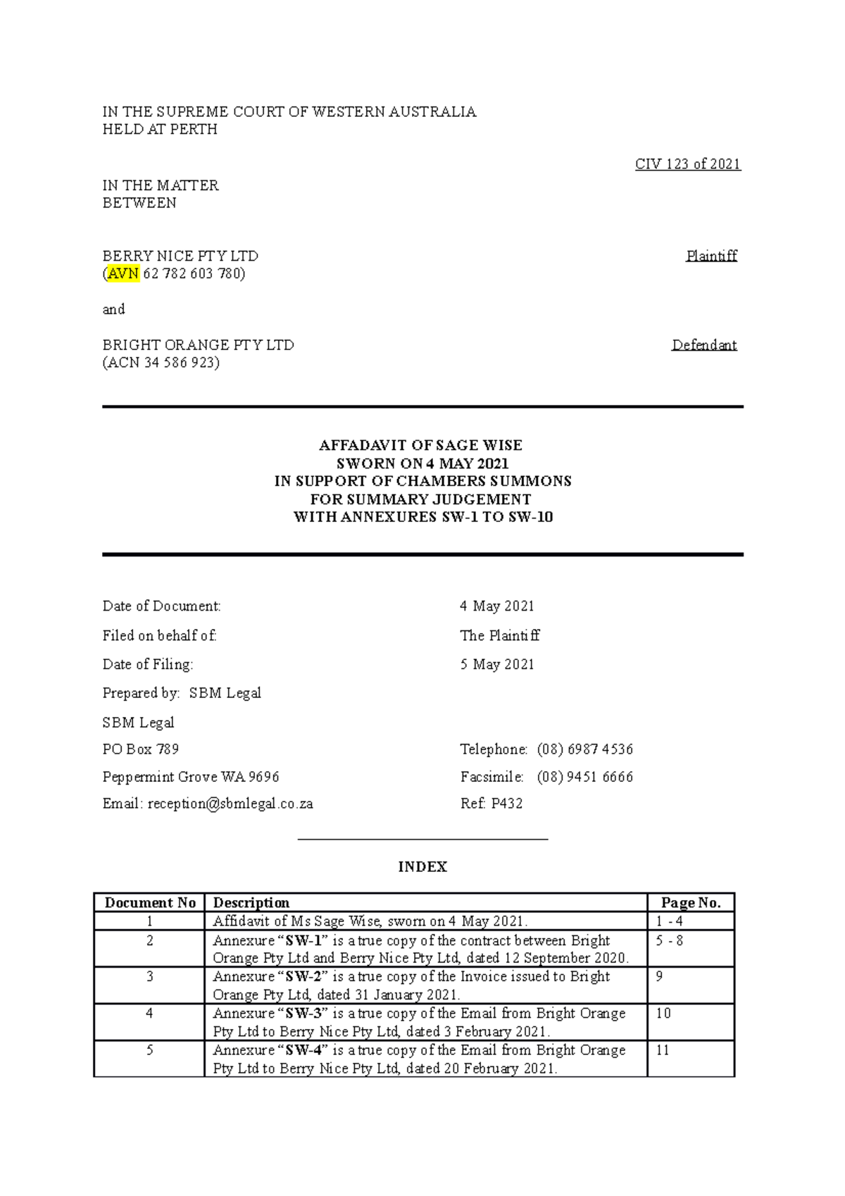 Affidavit Sample - IN THE SUPREME COURT OF WESTERN AUSTRALIA HELD AT ...