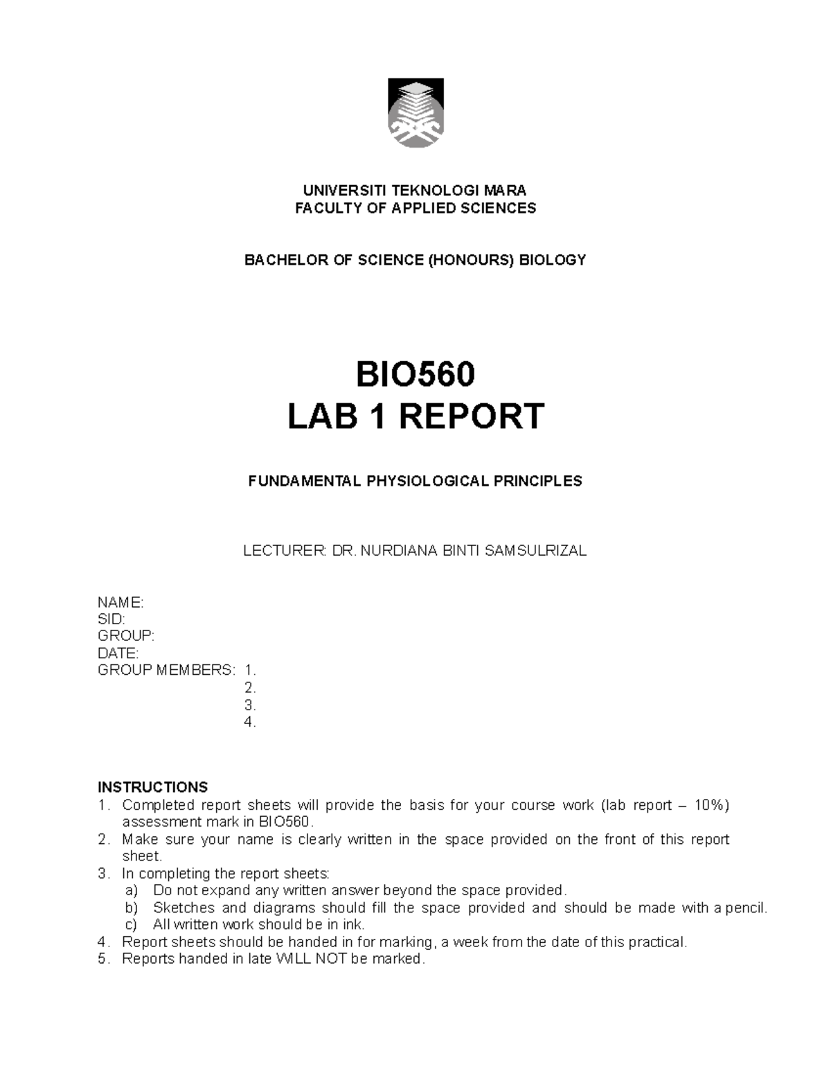 LAB Report BIO560: Fundamental Physiological Principles & Blood ...
