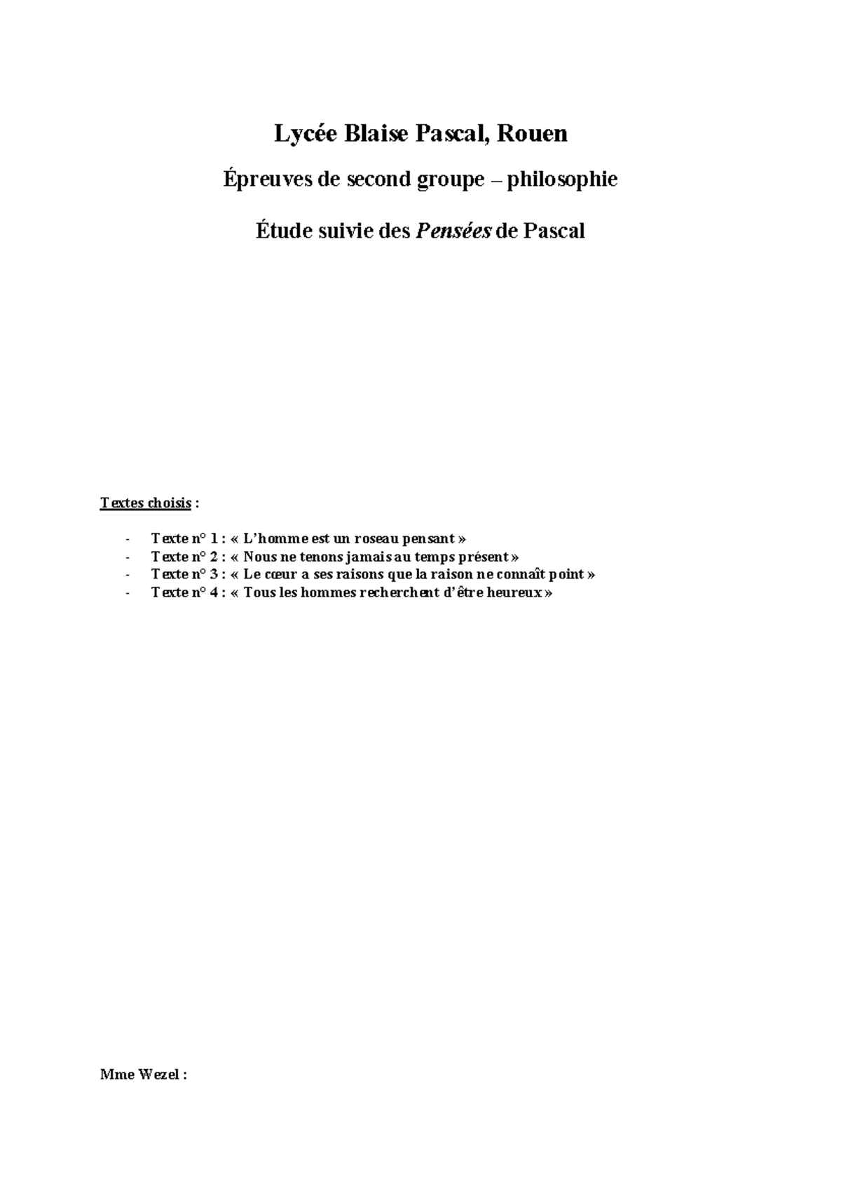 Lycée Blaise Pascal, Rouen - Lecture Suivie des Pensées 2024 - Studocu