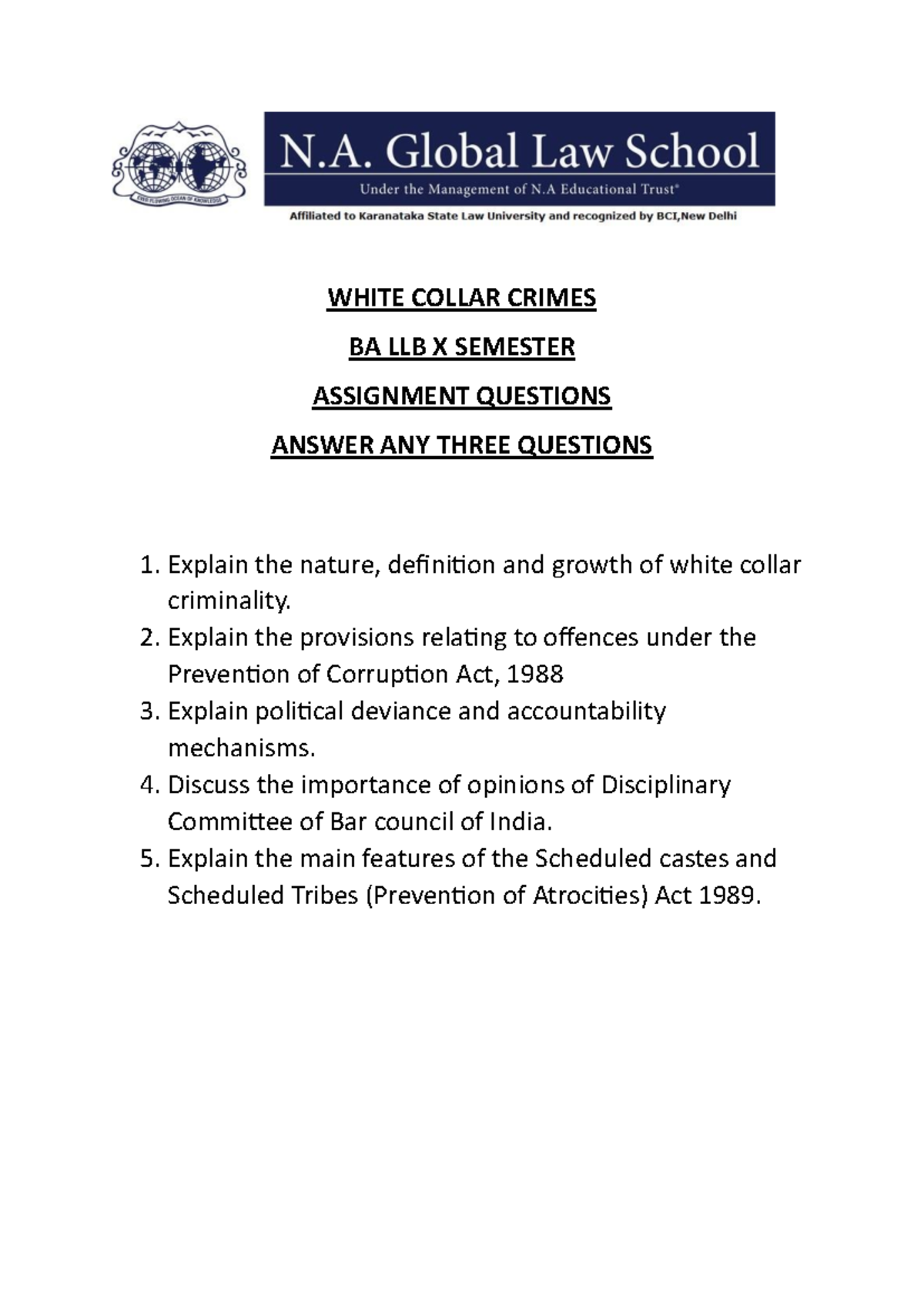 BA LLB X Semester White Collar Crimes Assignment Questions - WHITE ...