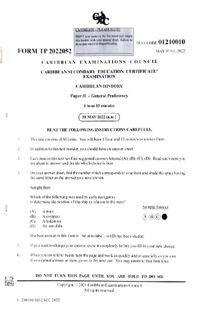 CSEC History Paper 2 Booklet (2016 - 2023) - TEST CODE 01210020 FORM TP ...