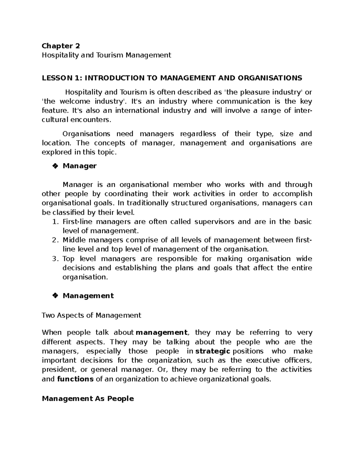 Chapter 2: Management Principles in Hospitality & Tourism (HTM 101 ...