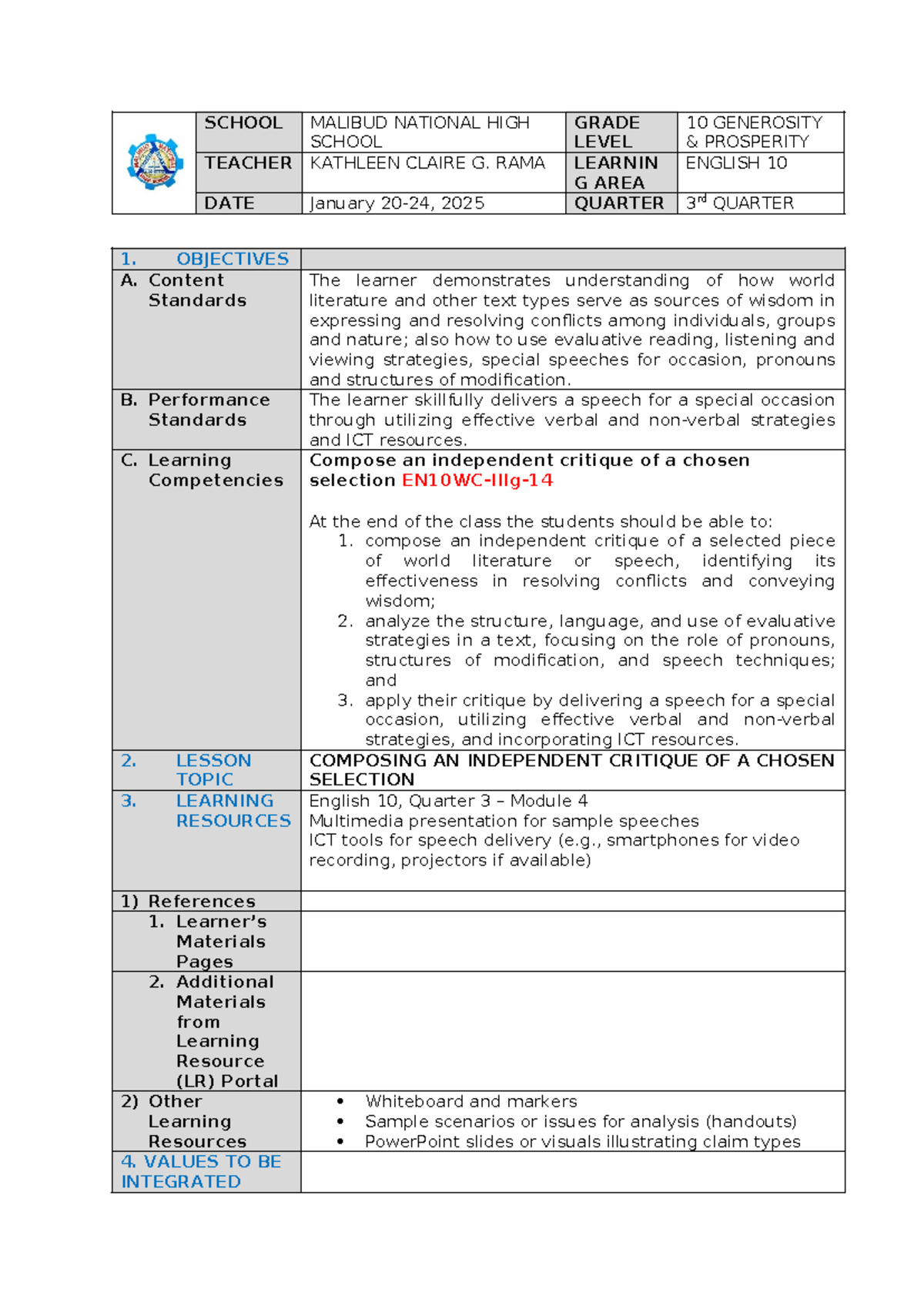 English 10 3rd Quarter Lesson Plan: Critiquing World Literature - Studocu