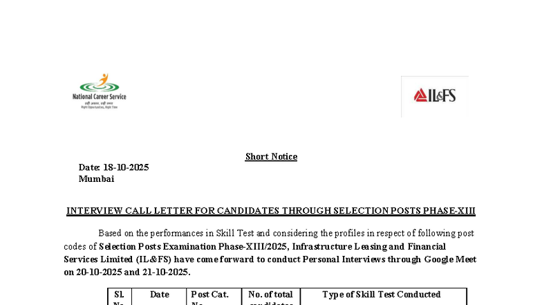 Short Notice Interview Call Letter for IL&FS Candidates - Studocu