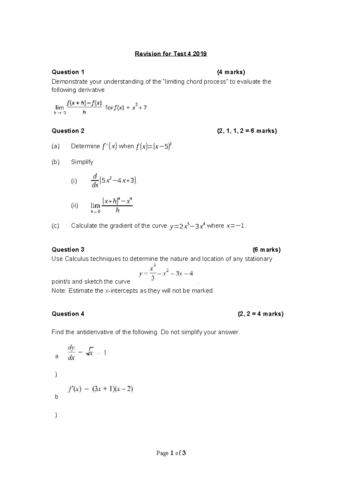 2019 Yr 11 Methods Revision for Test 4: Derivatives & Antiderivatives ...