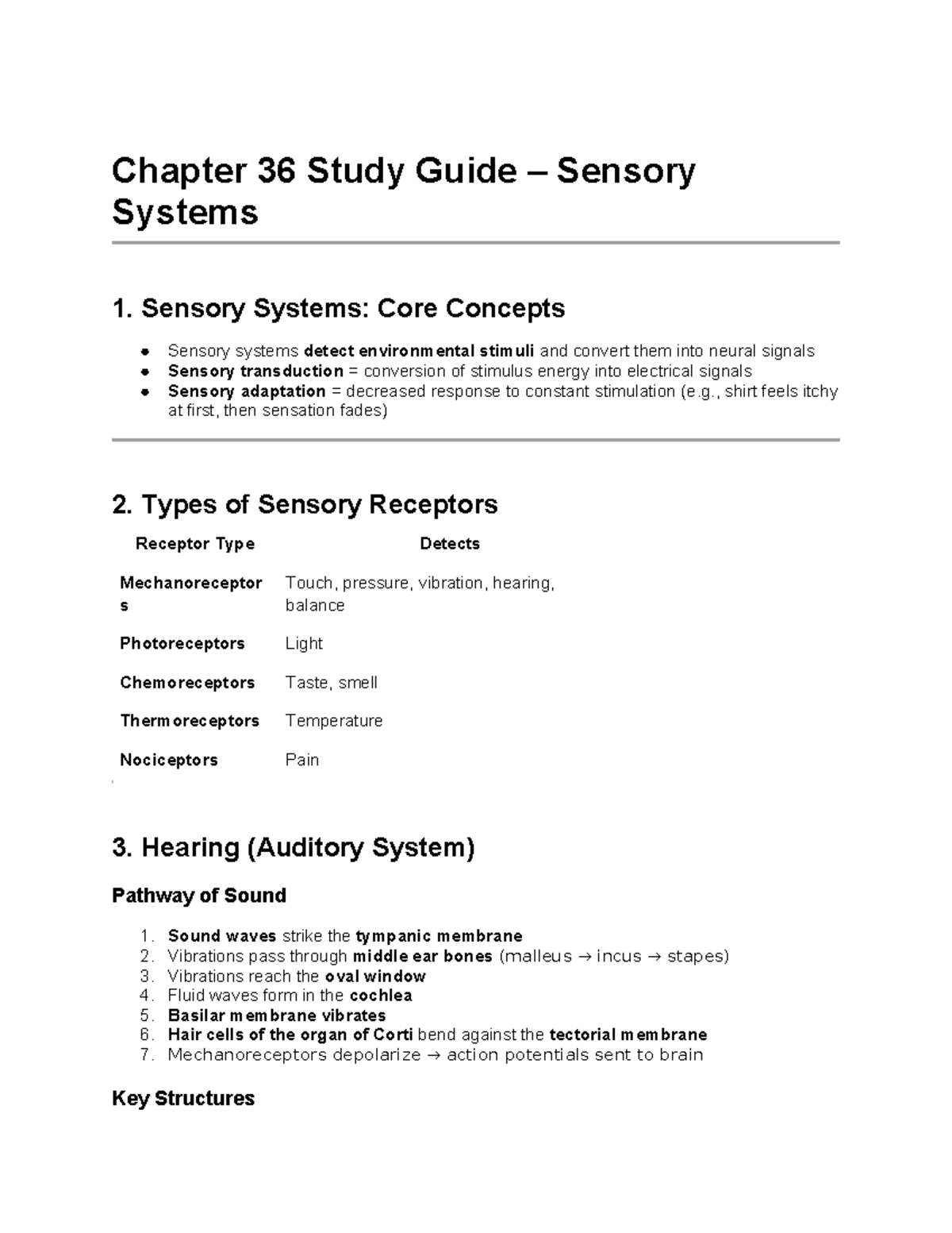 Chapter 36 Study Guide: Sensory Systems Overview and Key Concepts - Studocu