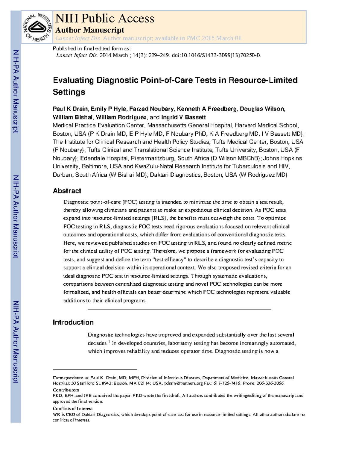 Evaluating POC Diagnostic Tests in Resource-Limited Settings: NIHMS ...