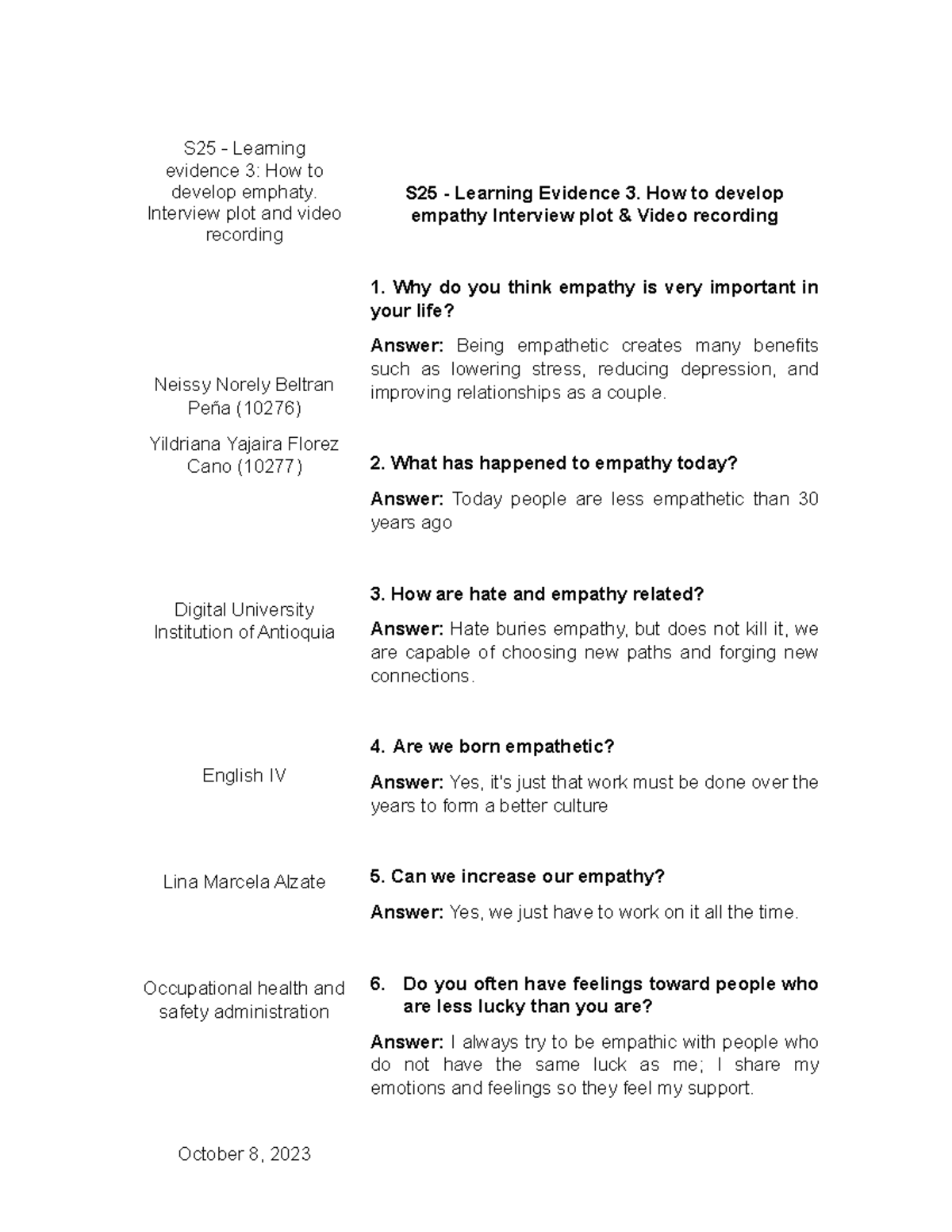 S25 - Learning Evidence 3: Developing Empathy through Interviews ...