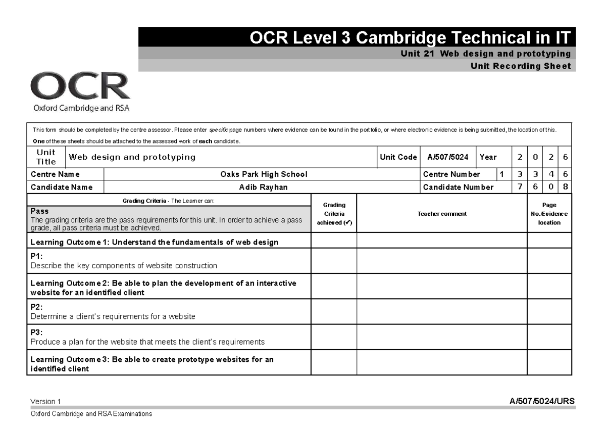 OCR Level 3 IT Unit 21: Web Design & Prototyping Recording Sheet - Studocu