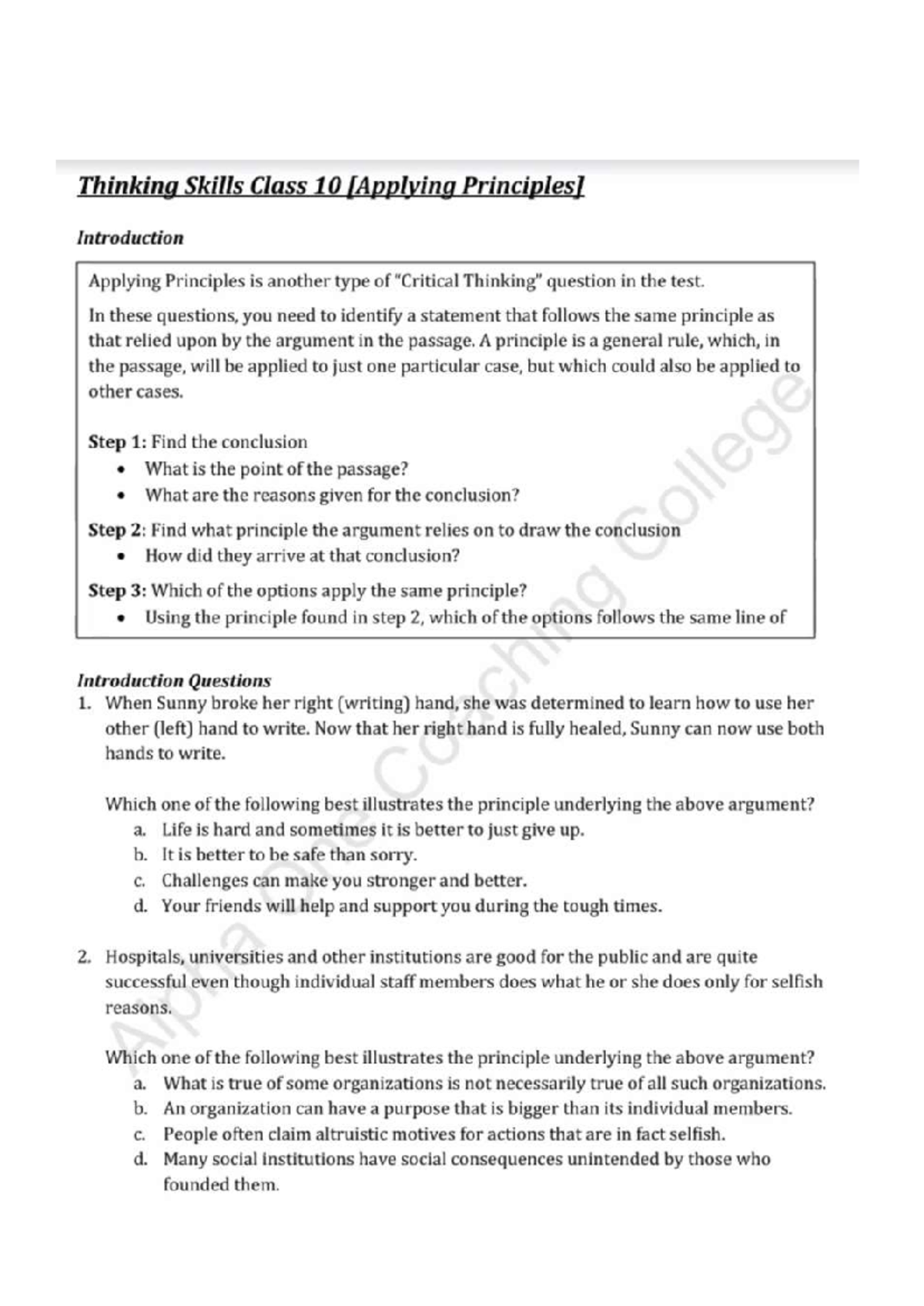 Thinking Skills Applying Principles - Which one of the following best ...
