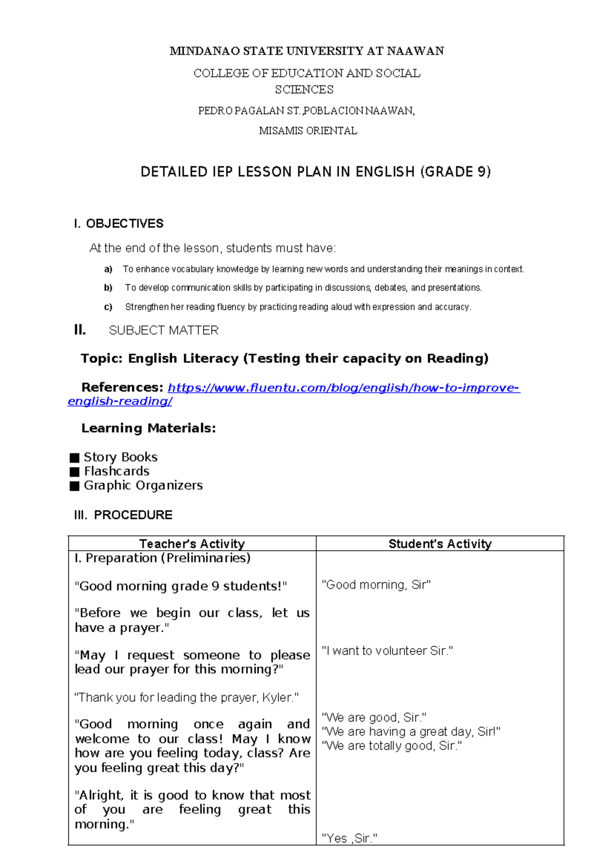 IEP Lesson Plan in English (Grade 9) - Mindanao State University - Studocu