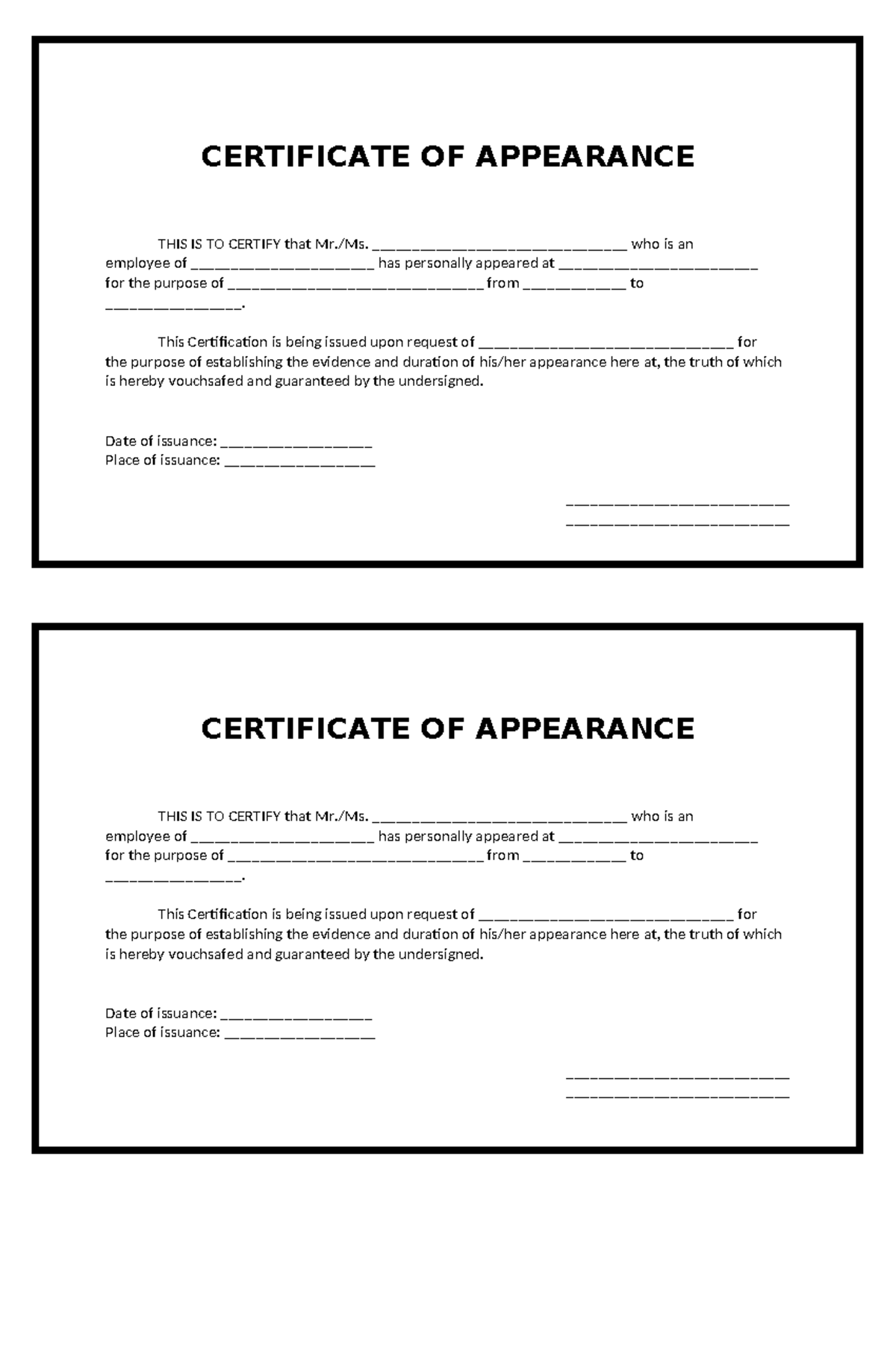 Certificate of Appearance Template for Employee Verification - Studocu