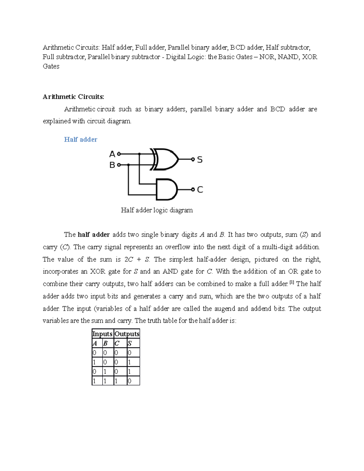 Arithmetic circuits in computer architecture( fundamentals of computer ...