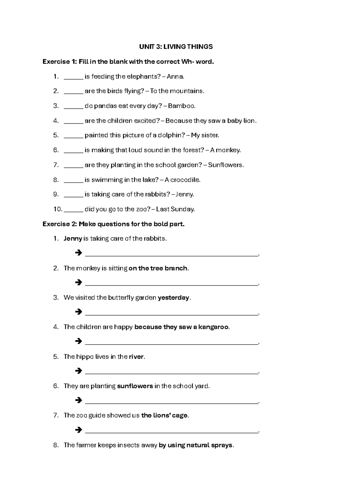 UNIT 3: LIVING THINGS - Exercises on Questions & Pronouns - Studocu