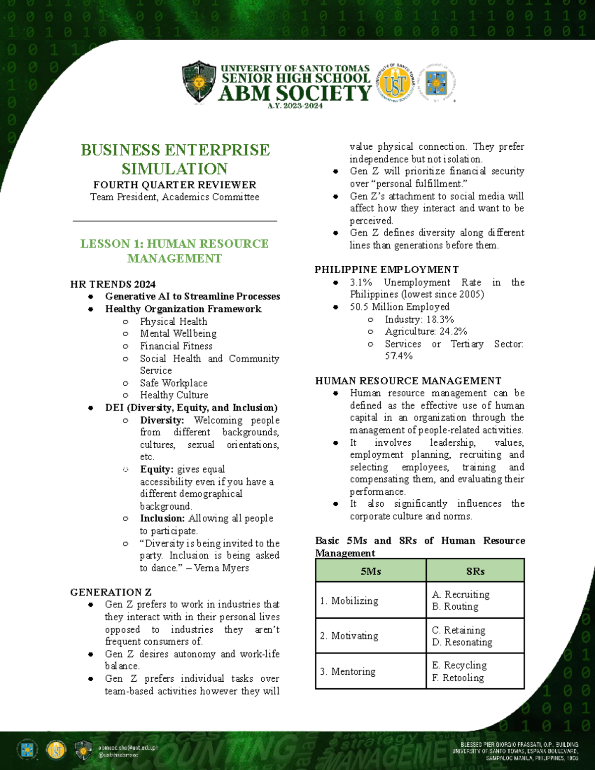 Grade 12 - Fourth Quarter BES Human Resource & Operations Review - Studocu