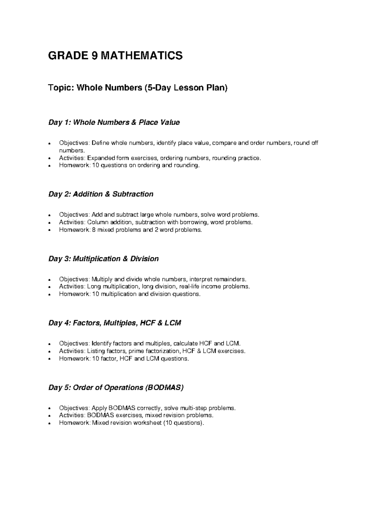 Grade 9 Mathematics Lesson Plan: Whole Numbers & Operations - Studocu