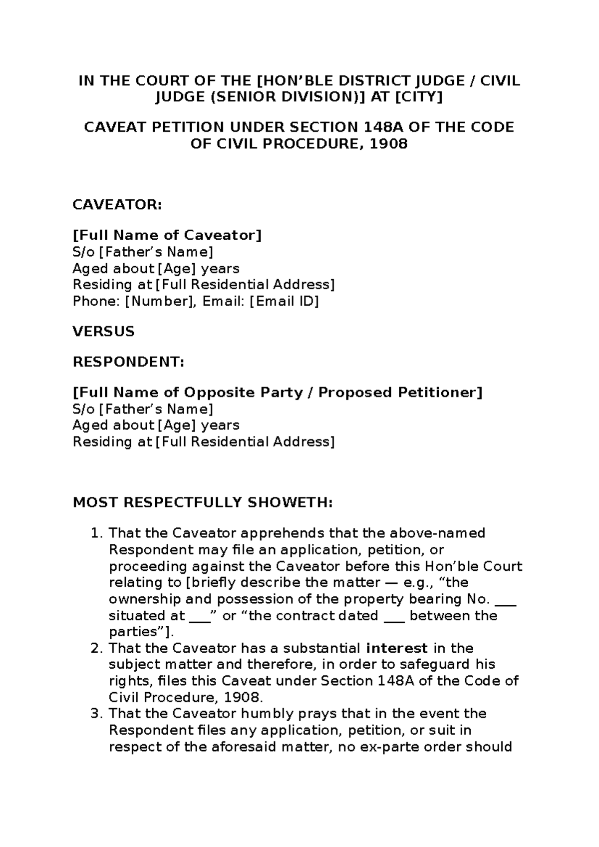 Caveat Petition Under Section 148A of CPC, 1908 - Studocu
