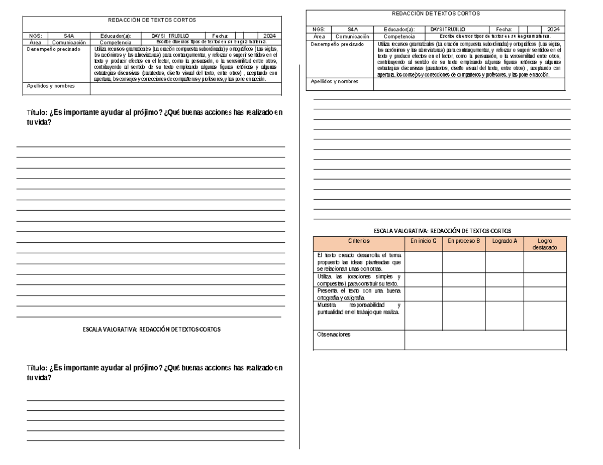 Redacción de Textos Cortos NGS: S4A - Ayuda y Buenas Acciones - Studocu