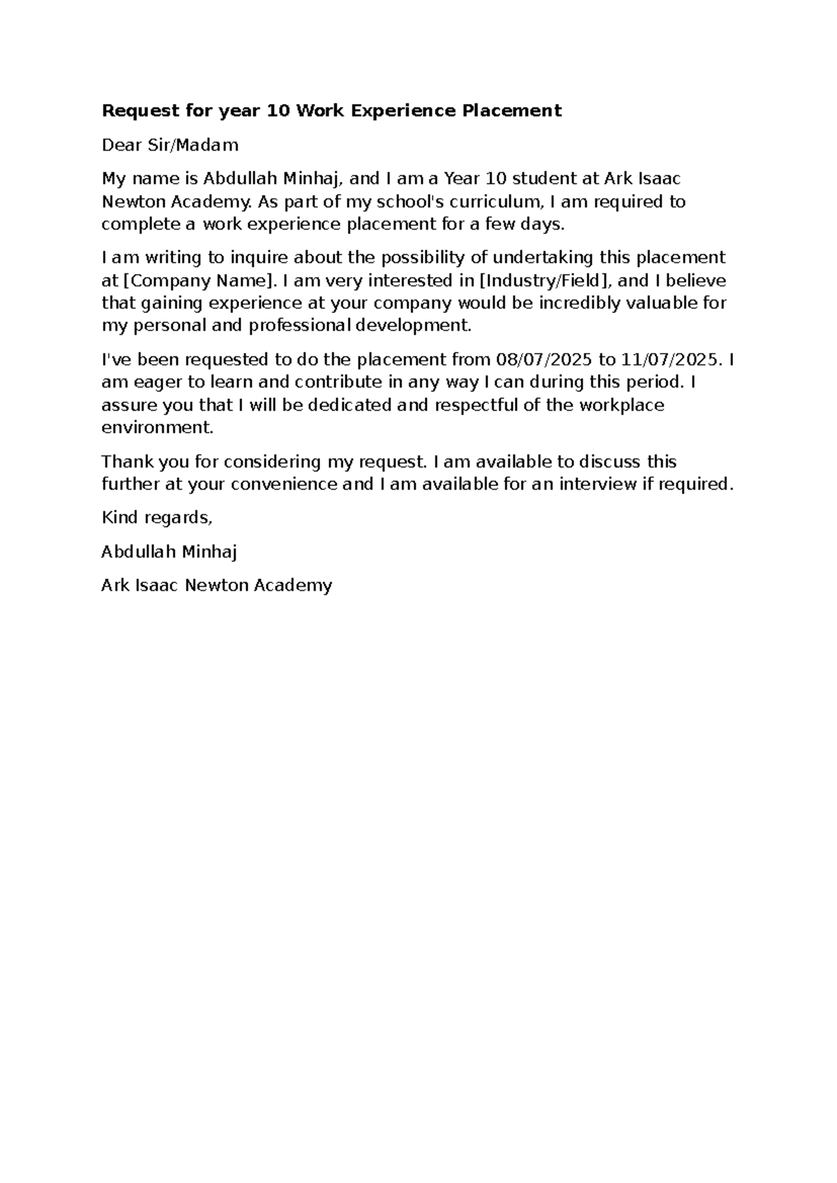 Request for Year 10 Work Experience Placement at Ark Isaac Newton ...