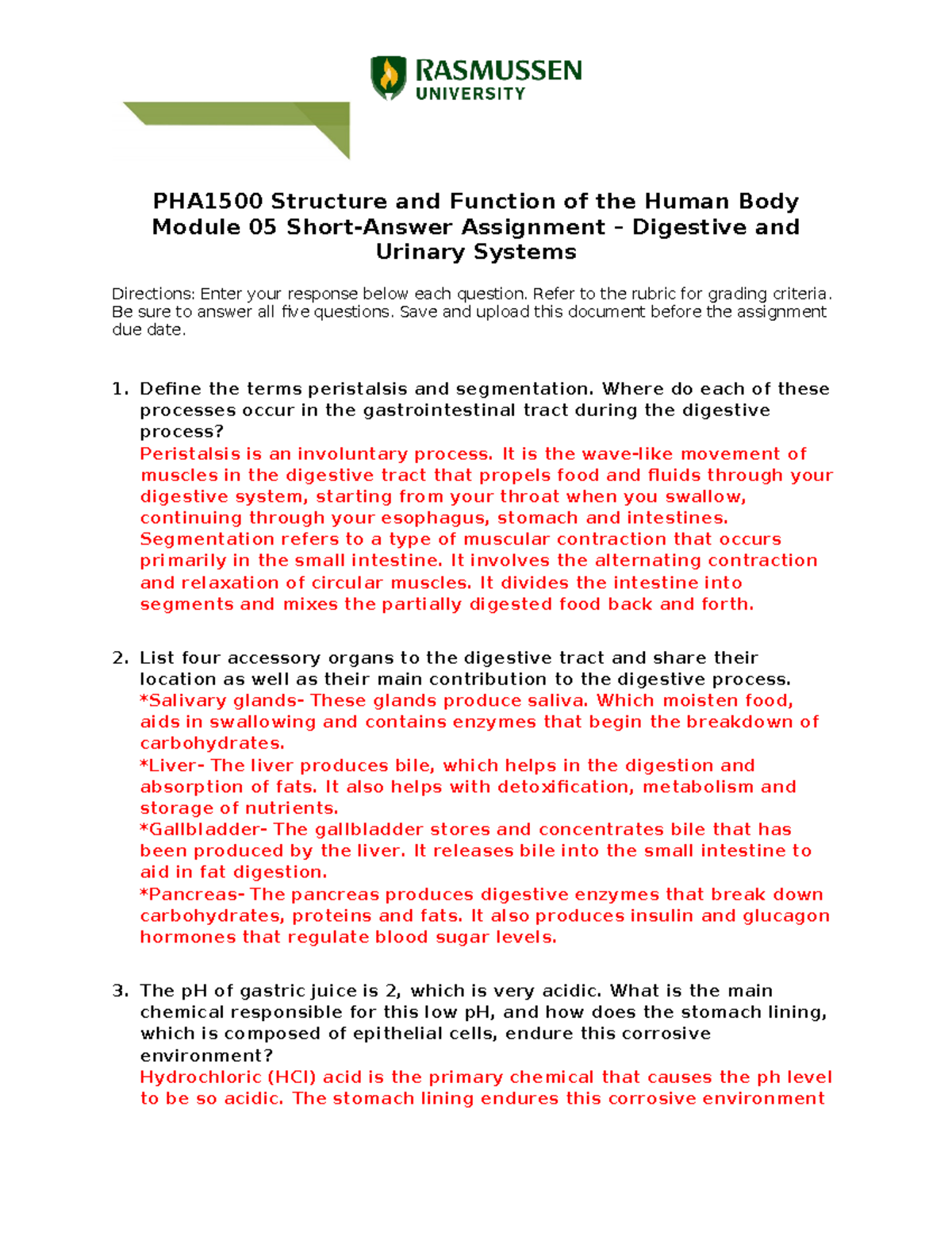 PHA1500 Short Answer Assignment Module 05 - PHA1500 Structure and ...