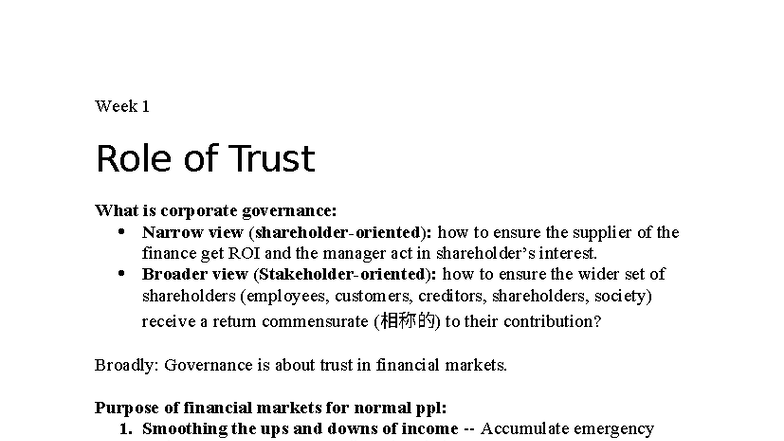 Corporate governance week 1 - Week 1 Role of Trust What is corporate ...