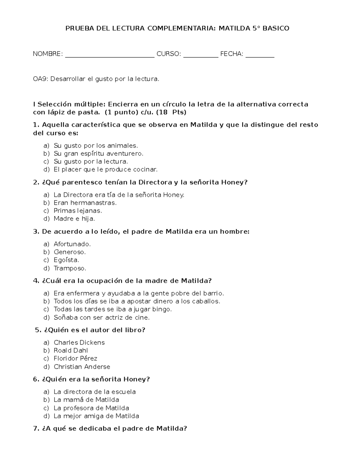 Prueba de Lectura: Matilda - 5° Básico - Studocu