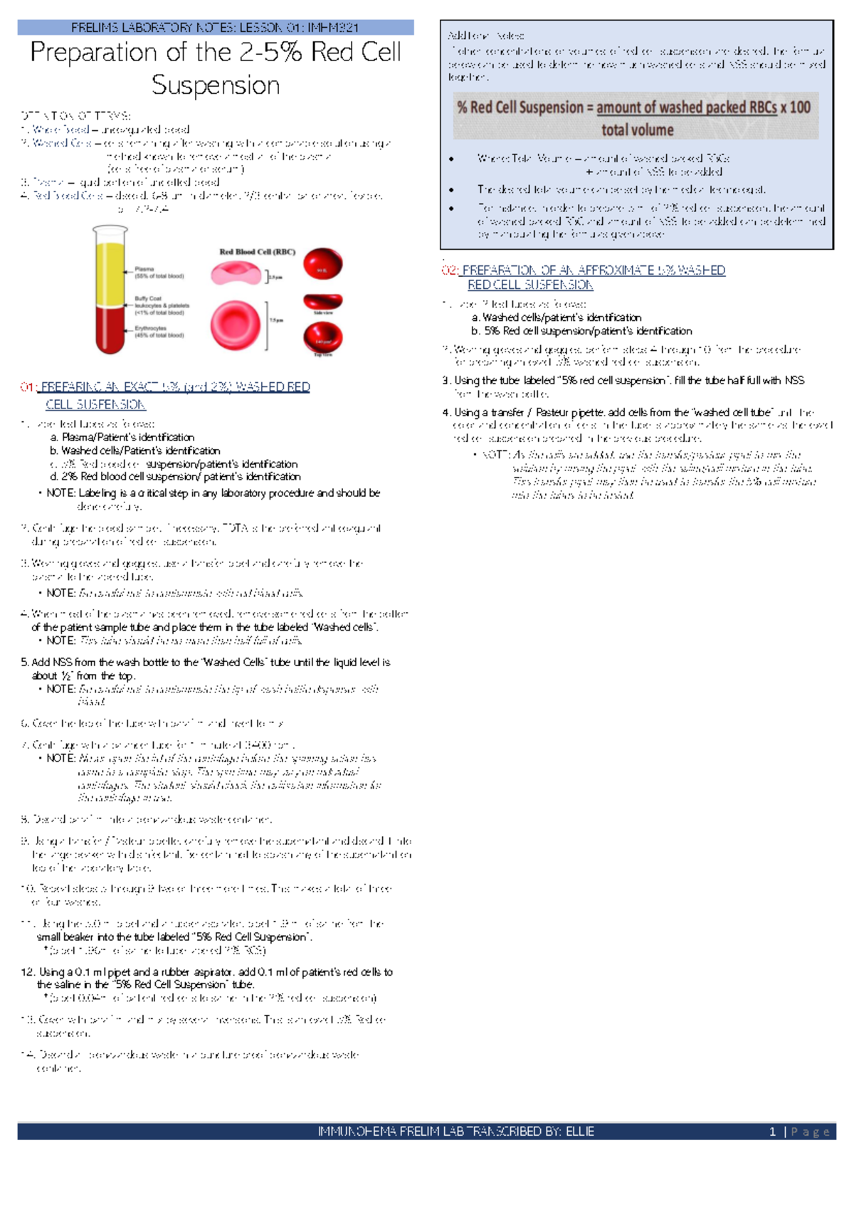 IMHM321 Prelims Lab Notes: Lesson 01 & 02 on Red Cell Suspension - Studocu