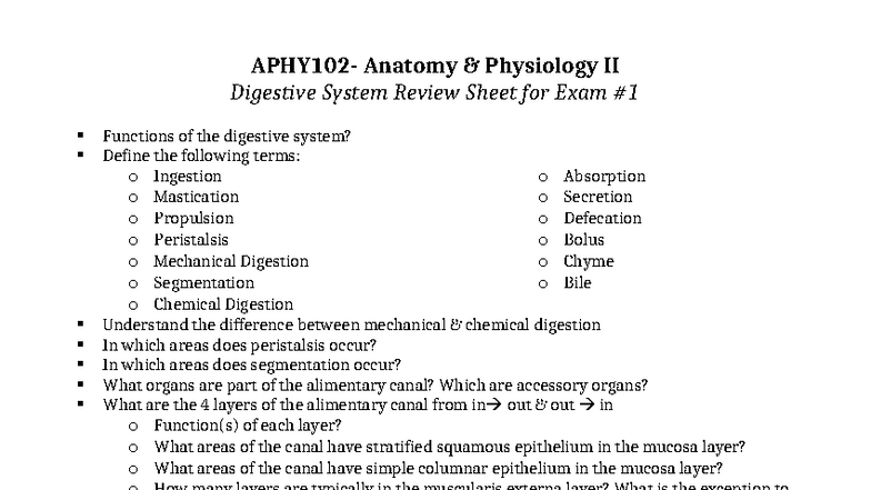 APHY102 - Digestive System Functions Review Sheet for Exam #1 - Studocu