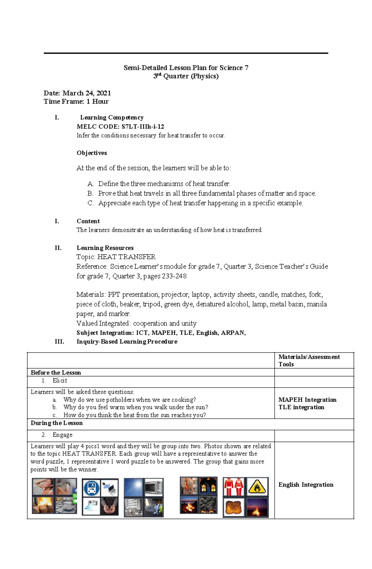 Lesson Plan for Science 7: Heat Transfer (3rd Quarter) - Studocu