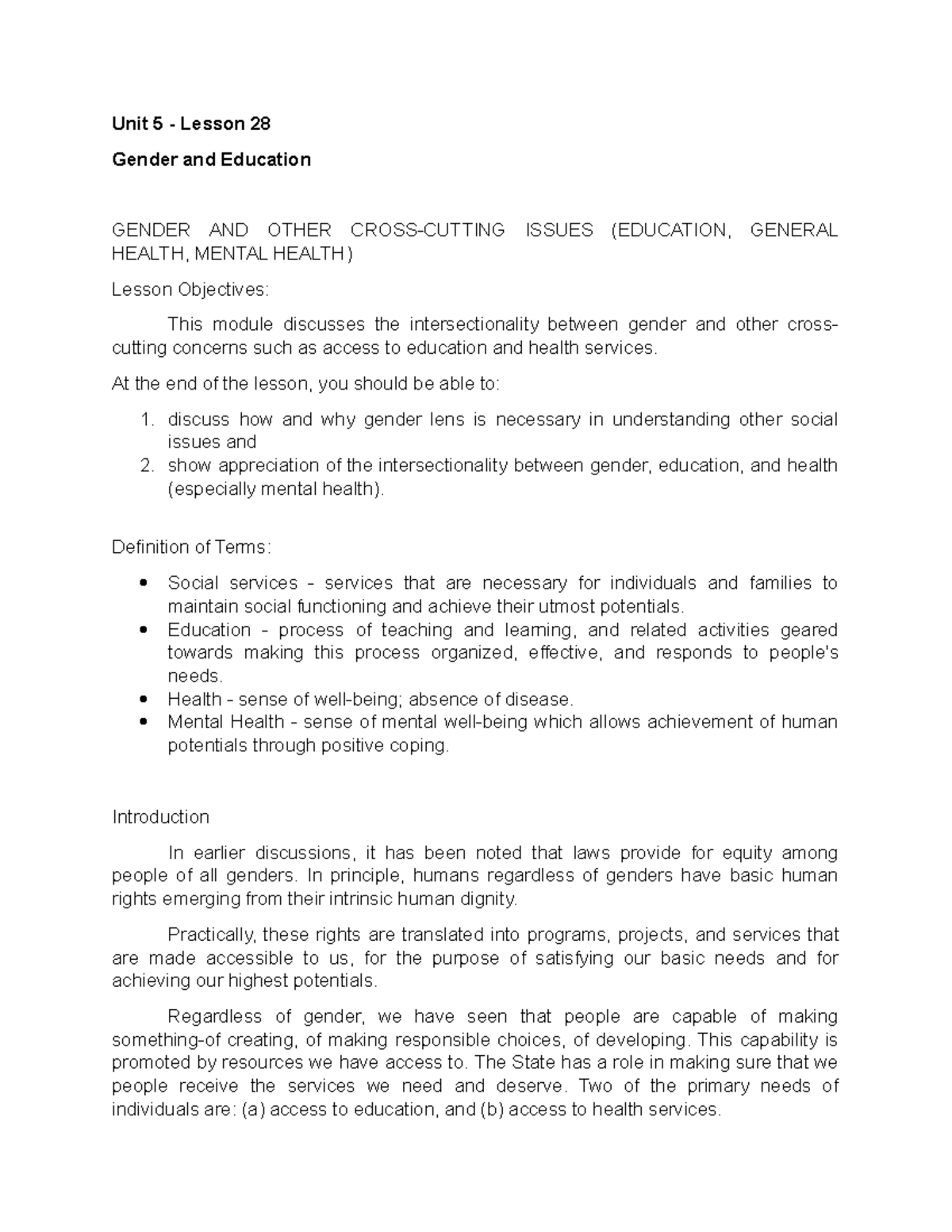 Gender and Education and Gender and Health - Unit 5 - Lesson 28 Gender ...