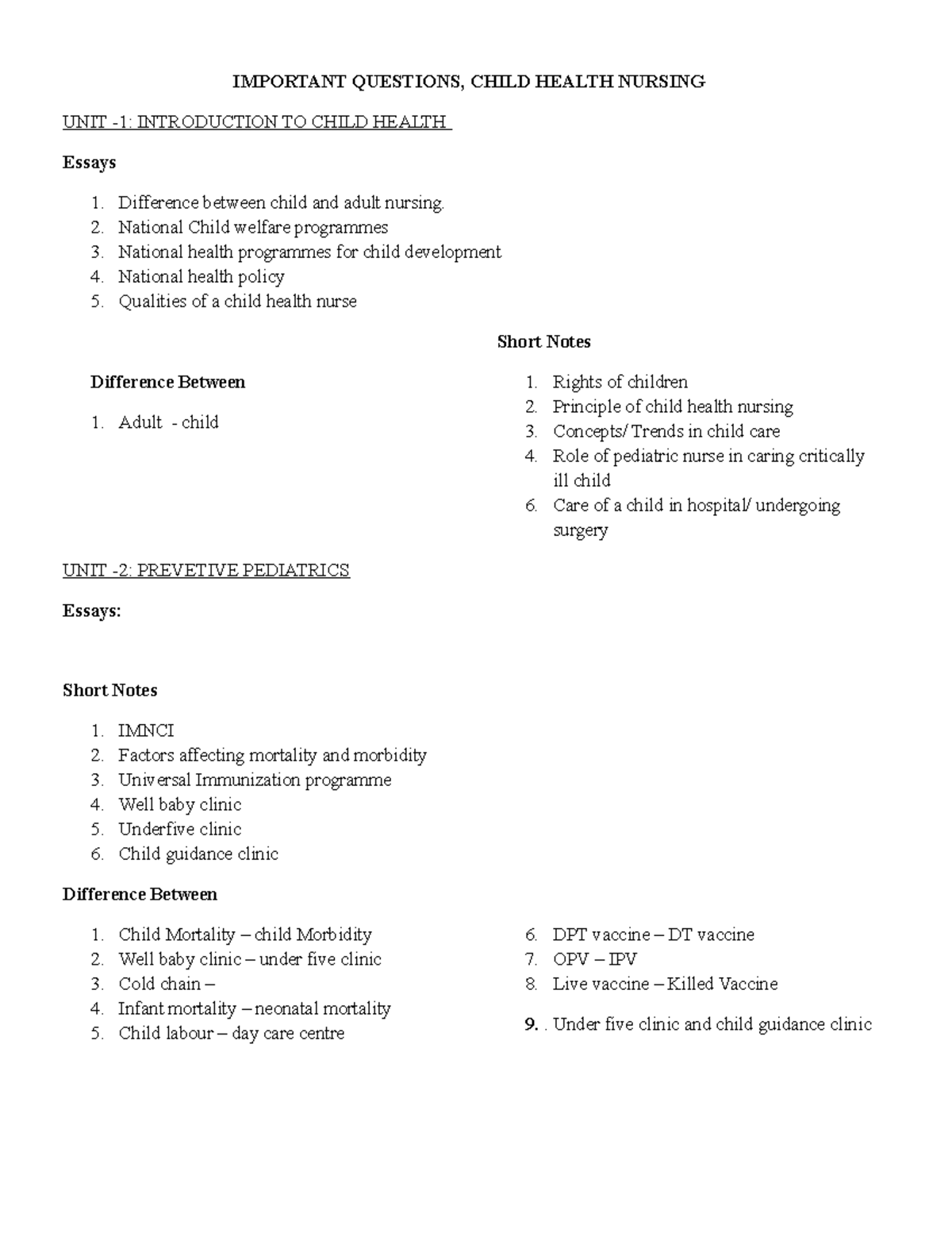 Child Health Nursing Important Questions 3rd B: Comprehensive Guide ...