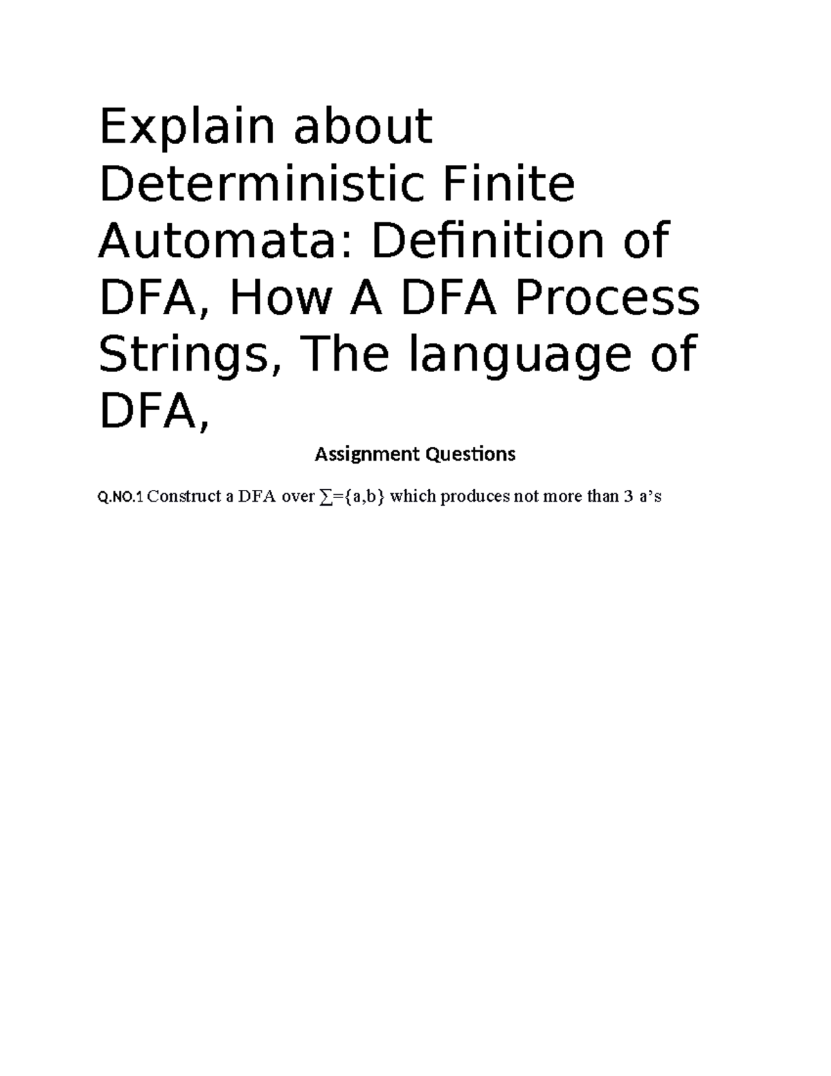 Assignment 1 Flat Formal Languages And Automata Theory Explain About Deterministic Finite