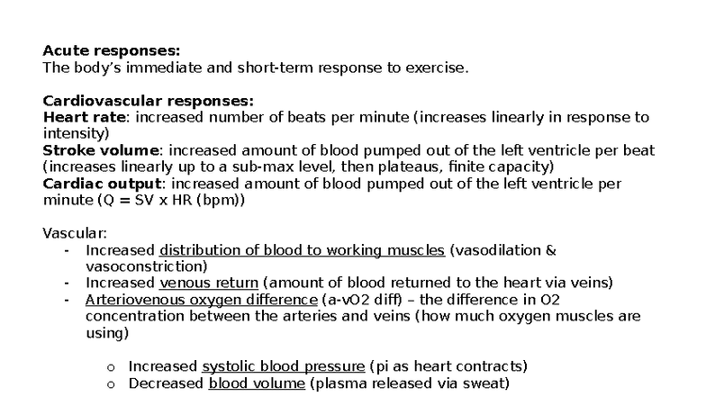 Acute Responses to Exercise: Cardiovascular & Muscular Notes - Studocu