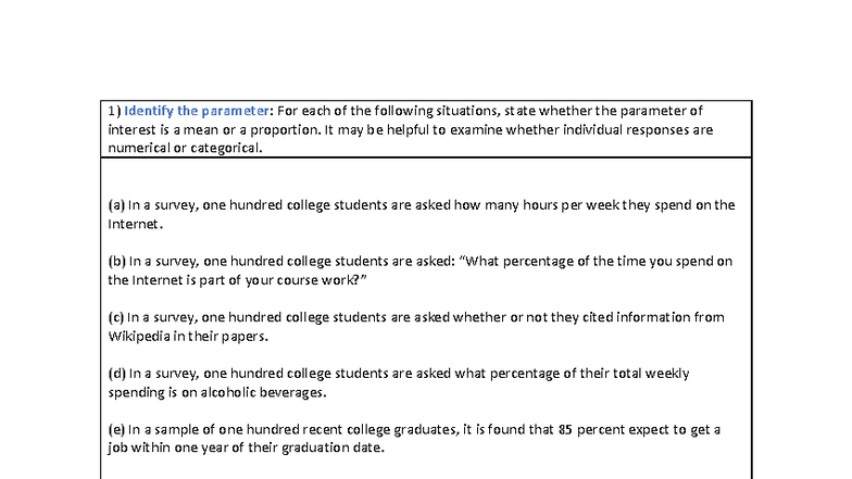 Practice Exercises - Unit 1 Final Exam: Parameters & Proportions - Studocu