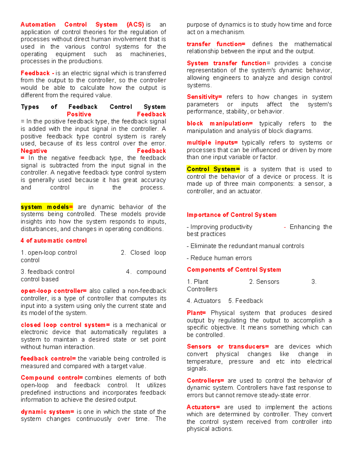 Rev. in Automation Control Systems: Types, Components & Functions - Studocu