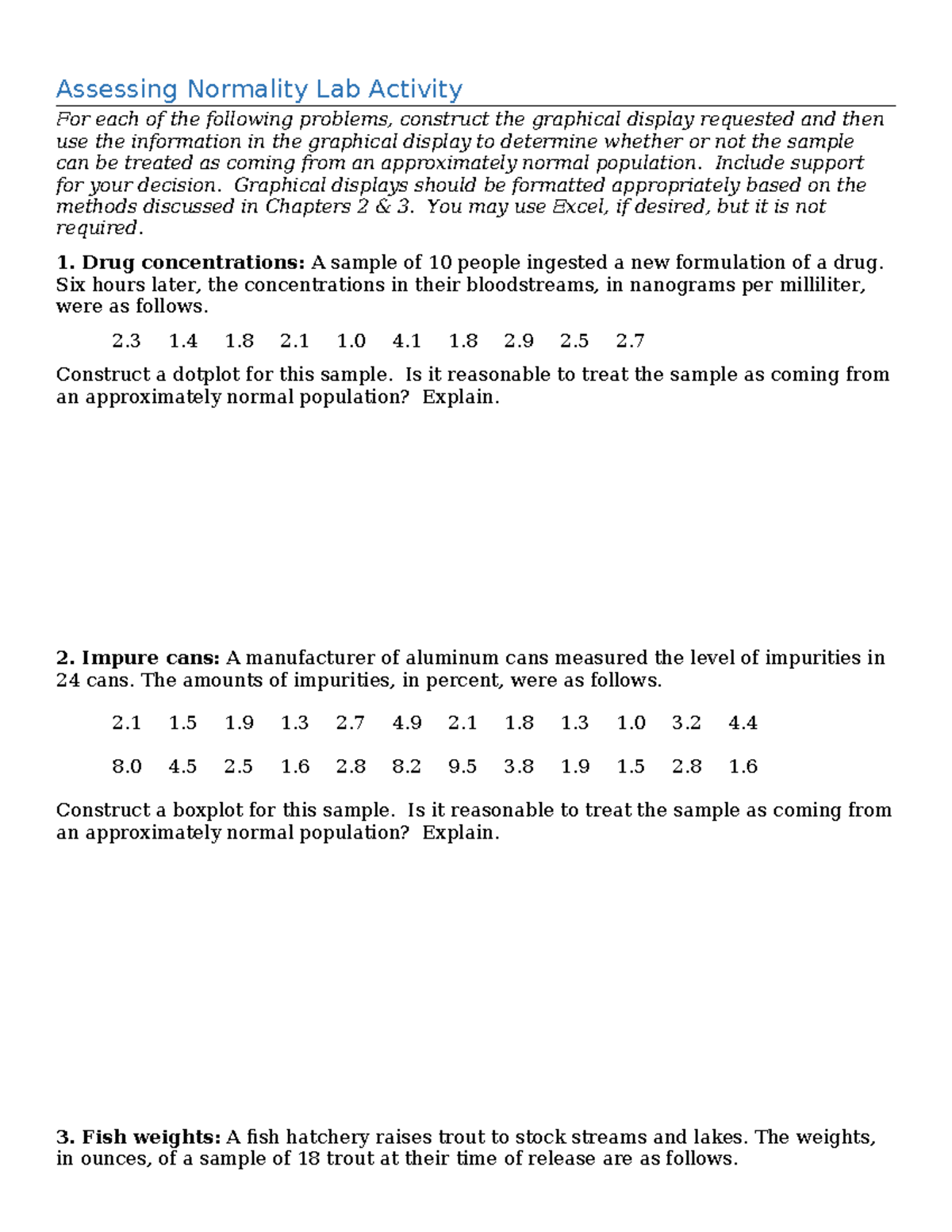 Assessing Normality: Lab Activity for Intro Statistics (STAT101) - Studocu