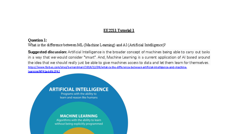 EE2211 Tutorial 1 Q&A: Understanding ML vs AI and Key Concepts - Studocu